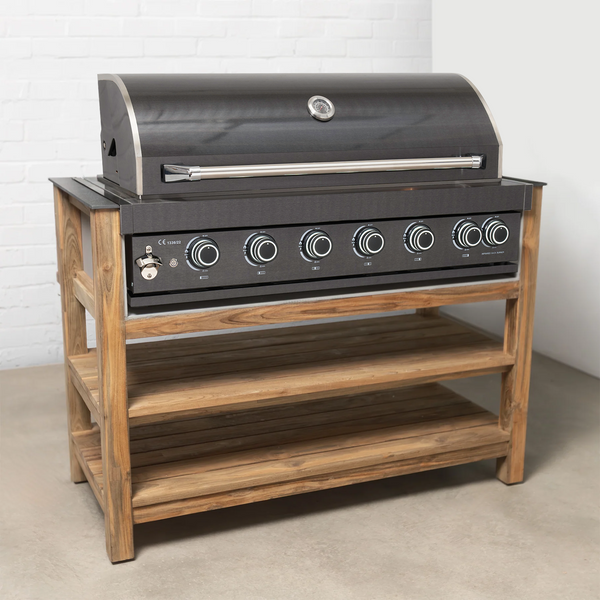 Draco Grills Teak Modular Outdoor Kitchen BBQ Unit with Black Stainles ...