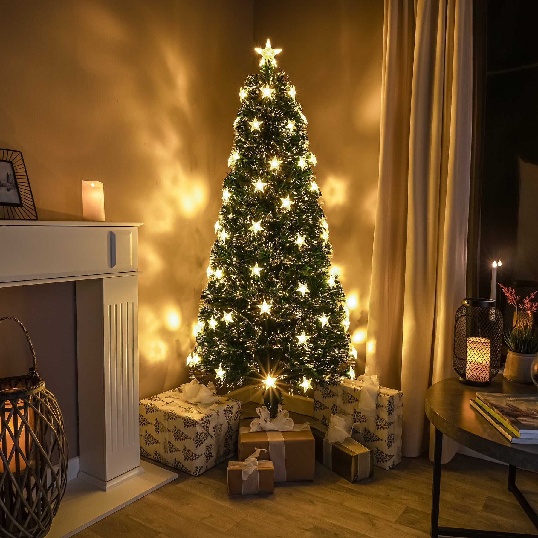 2ft - 6ft Green Fibre Optic Christmas Tree with LED Lights & Stars ...
