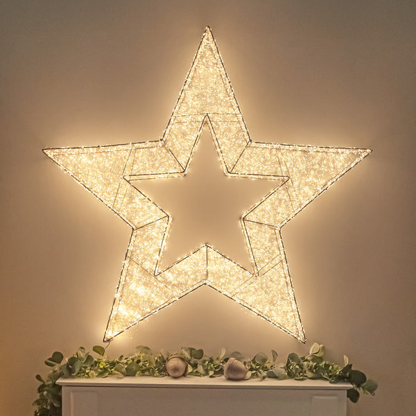Set of 3 Pre-Lit Christmas Gold Light-Up Stars with Warm White LED Mic ...