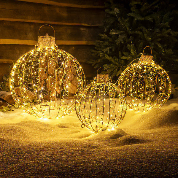 Pre-Lit Set of 3 Gold Light-Up Balls with 360 Warm White LED Lights ...